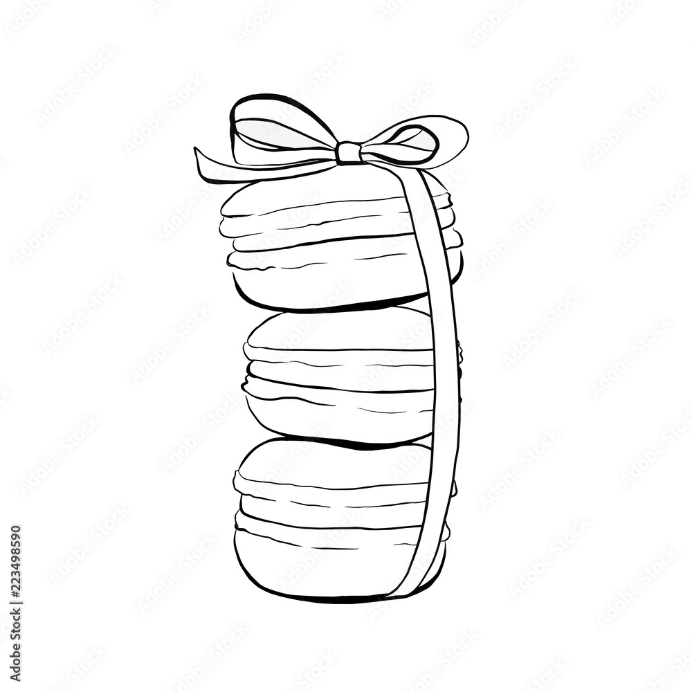 Stack of macaron with ribbon and bow, macaroon almond cakes, sketch ...