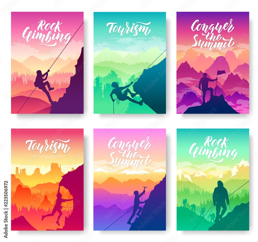 climber climbs the mountain brochure cards set. Extreme lifestyle of ...