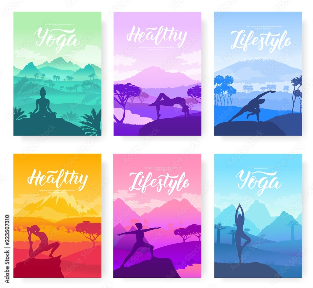 Yoga exercise on the top of the mountains surrounded by nature. Healthy ...