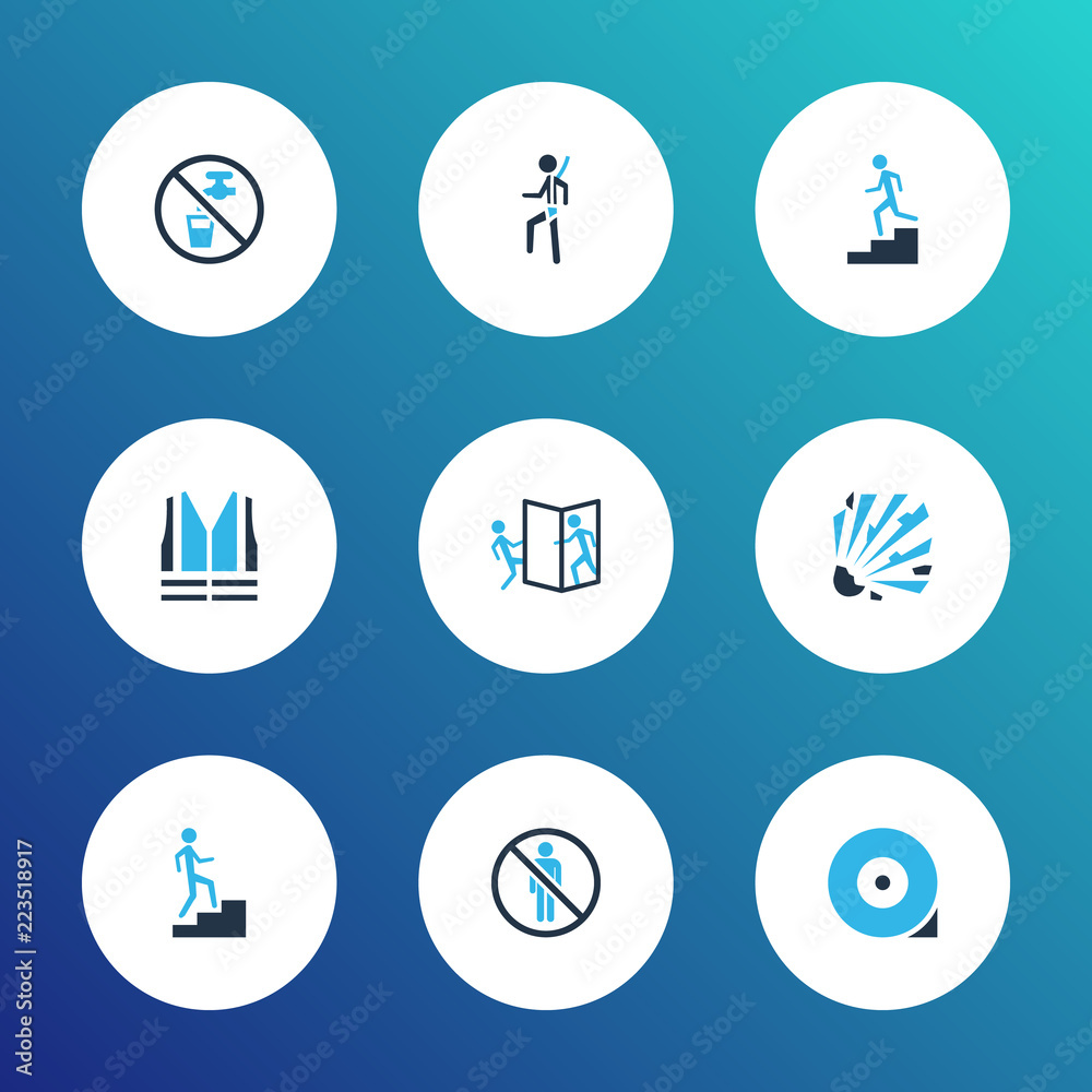 Sign icons colored set with safety vest, explosive, non potable water ...