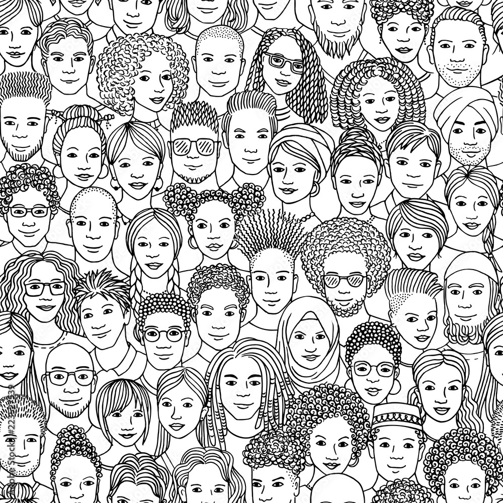 Diverse crowd of people - seamless pattern of hand drawn faces of ...