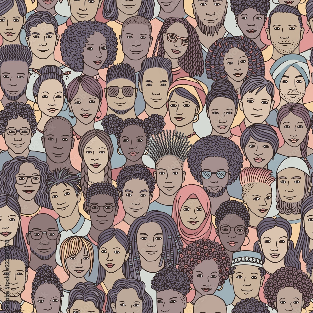 Diverse crowd of people - seamless pattern of hand drawn faces of ...
