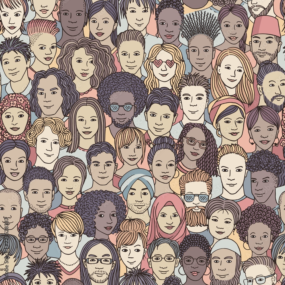 Diverse crowd of people - seamless pattern of hand drawn faces of ...