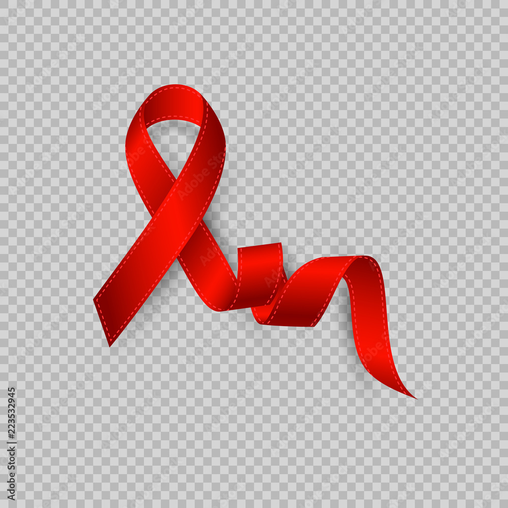 Realistic red ribbon. Symbol of world aid day. Isolated on transparent ...