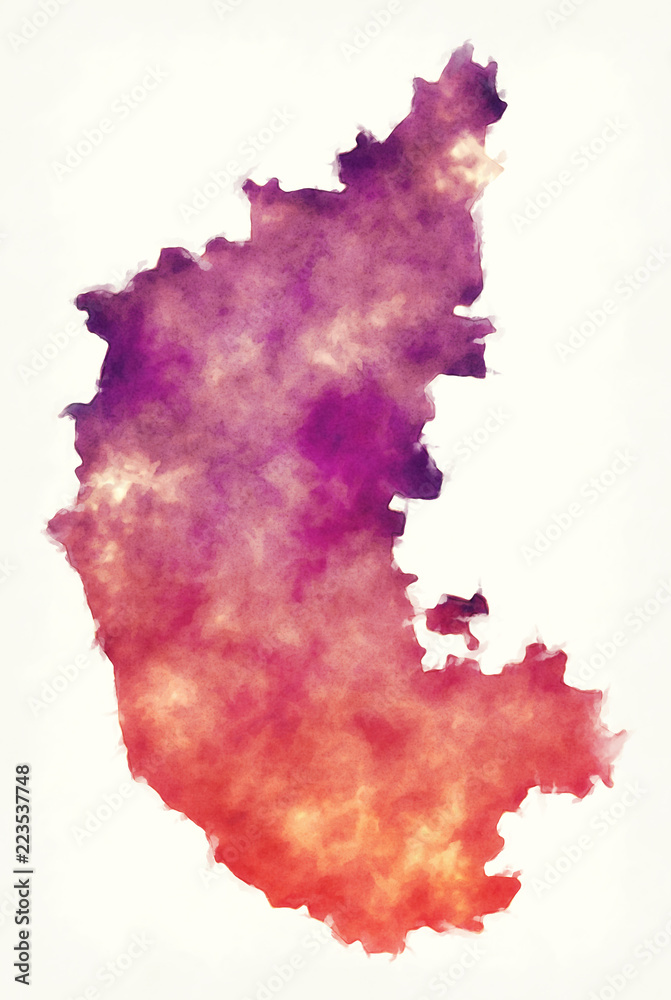 Karnataka federal state watercolor map of India in front of a white ...