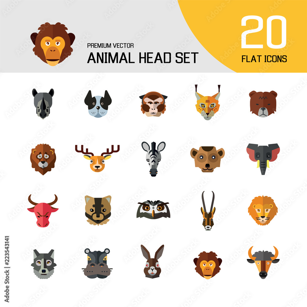 Animal head vector icon set. Cute wild cartoon animals, bear, monkey ...