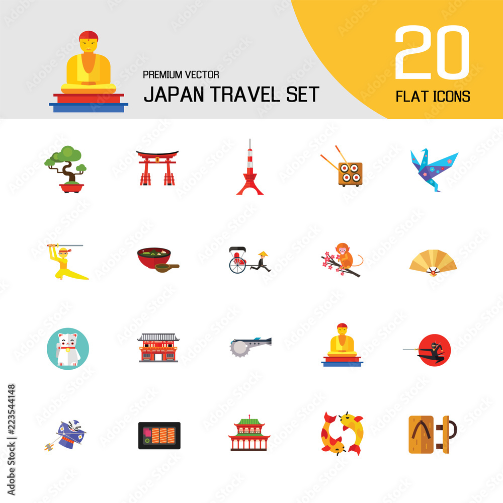 Japan Travel Icon Set. Fuji Mountain Japanese Rickshaw Miso Soup ...