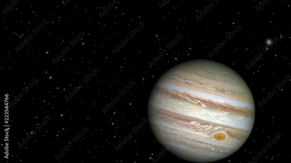 Jupiter planet moving on star field background, turbulence on surface ...