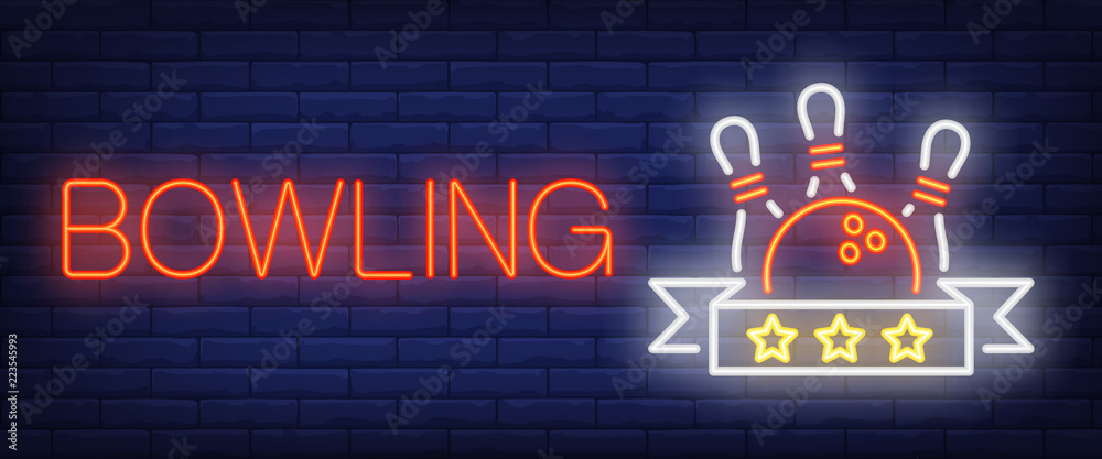 Bowling neon text with ball and skittles. Bowling club and ...