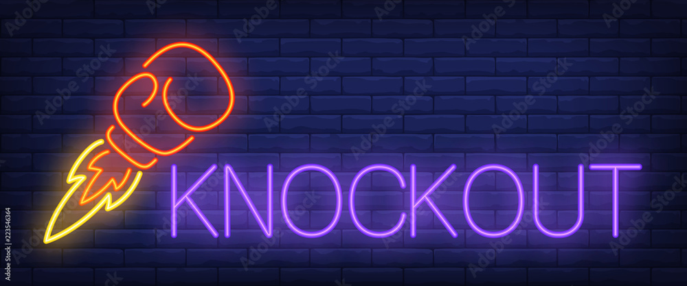 Knockout neon text with boxing glove rocket. Boxing club and ...