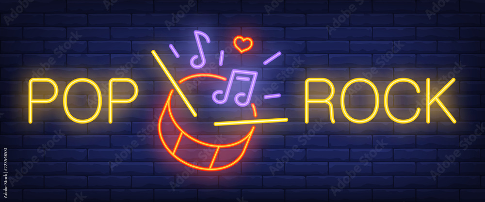 Pop, rock neon text with drum, sticks and music notes. Music and ...