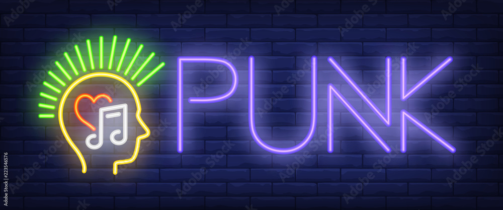 Punk neon text and head with mohawk. Music and advertisement design ...
