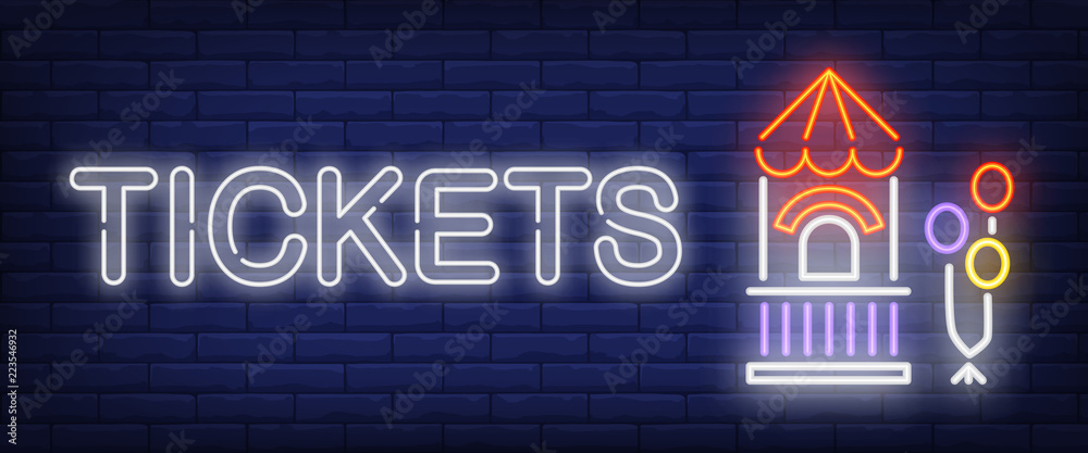 Tickets neon text with booth. Amusement park and advertisement design ...