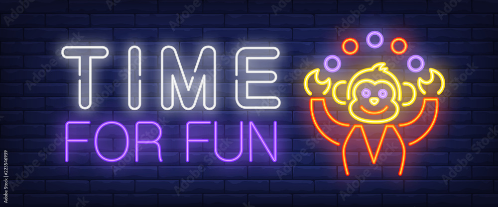 Time for fun neon text with monkey juggling. Circus park and ...