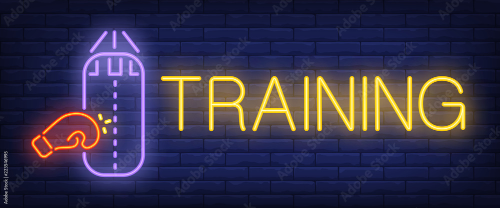 Training neon text with boxing glove and punching bag. Boxing club and ...