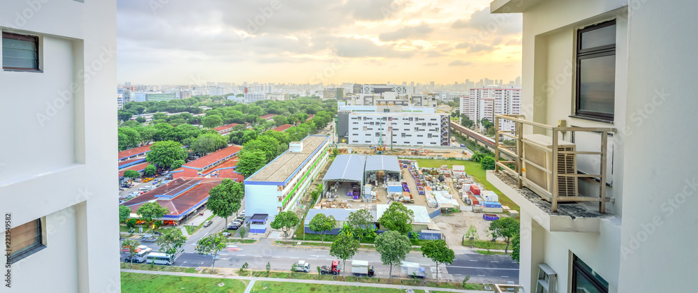 Panorama aerial view construction site near completed HDB complex at ...
