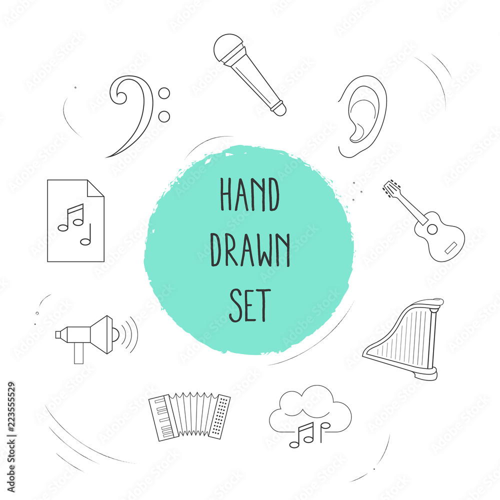 Set of melody icons line style symbols with ear, music file, microphone ...