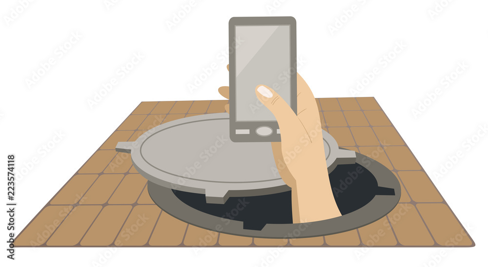 Hand with a telephone rising from the sewer manhole concept ...