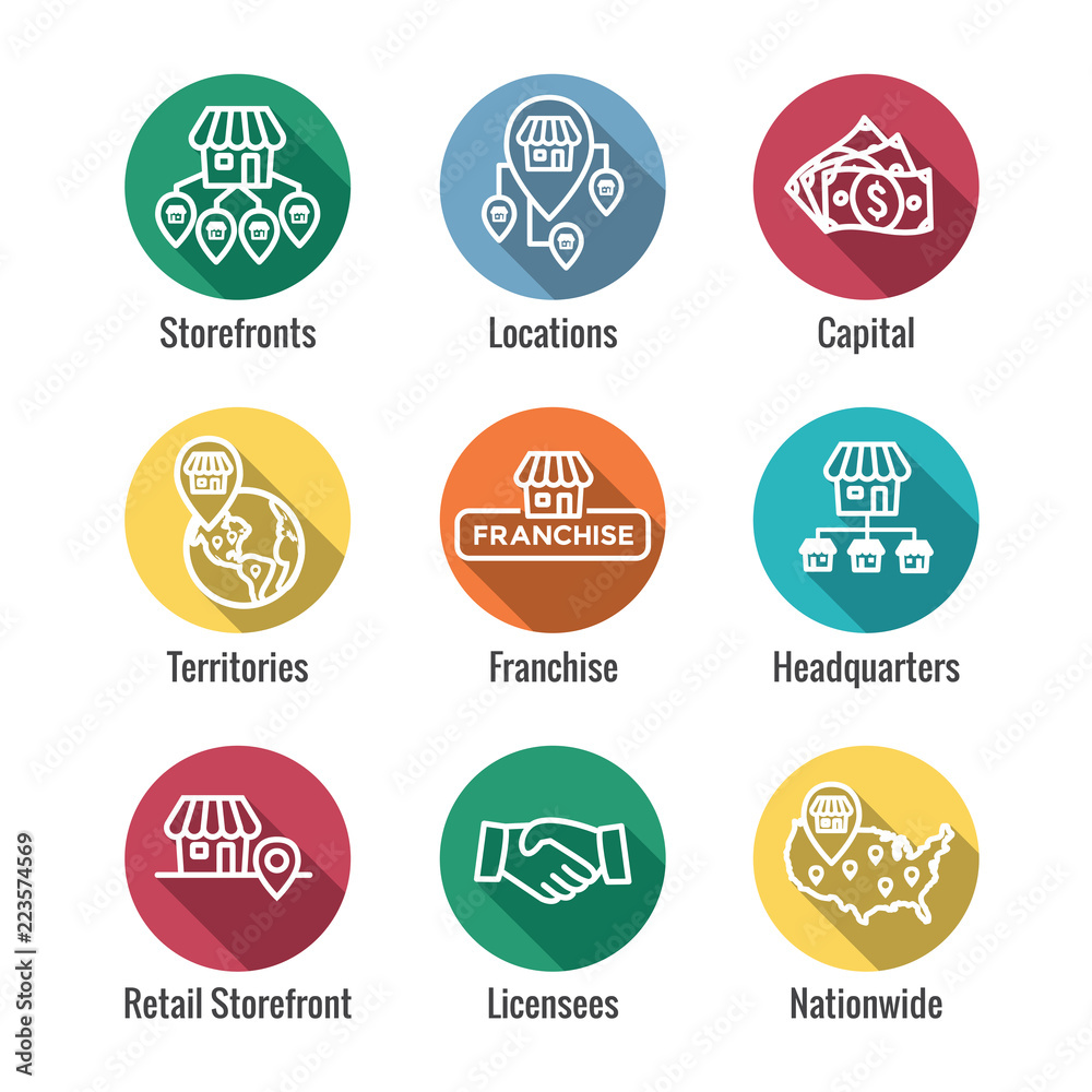 Franchise Icon Set with Home Office, corporate Headquarters and ...