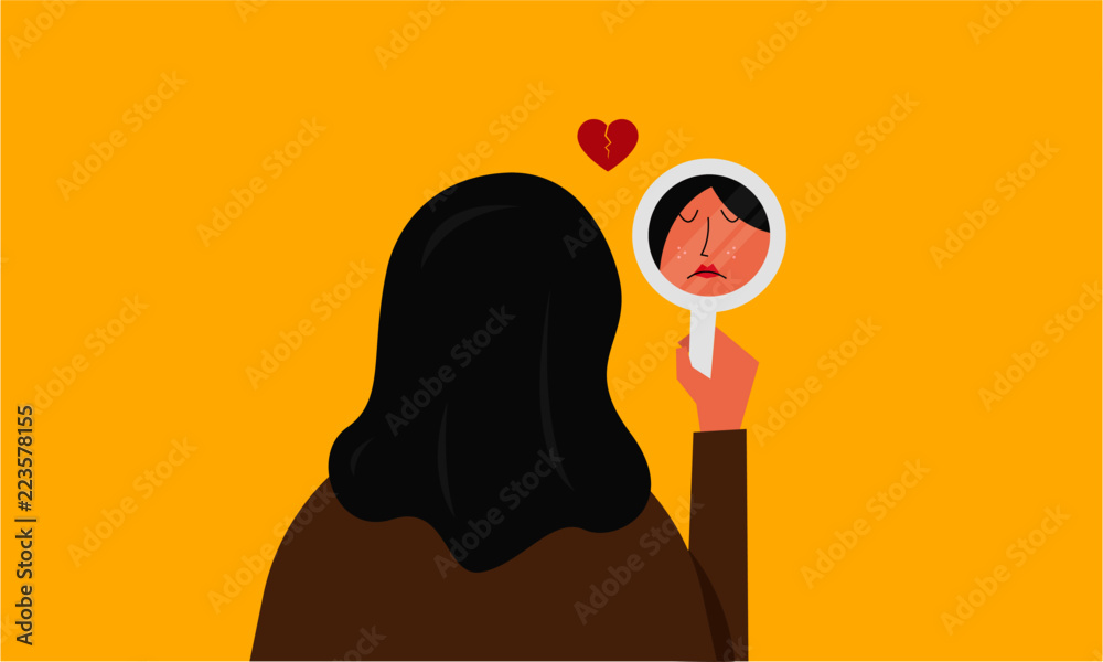 Vector illustration of a beautiful woman staring at her sad reflection ...