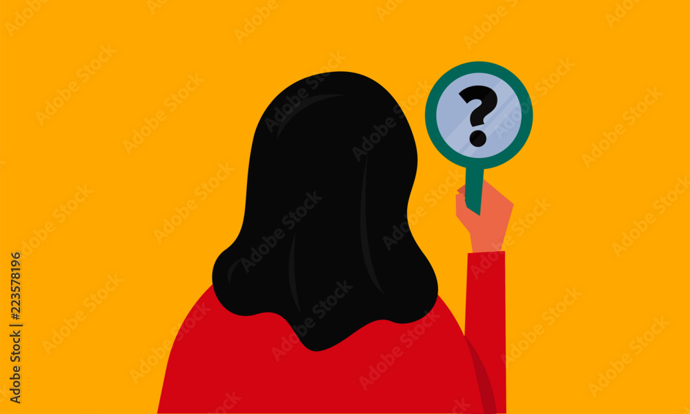 Vector illustration of a girl/woman staring at the question mark ...