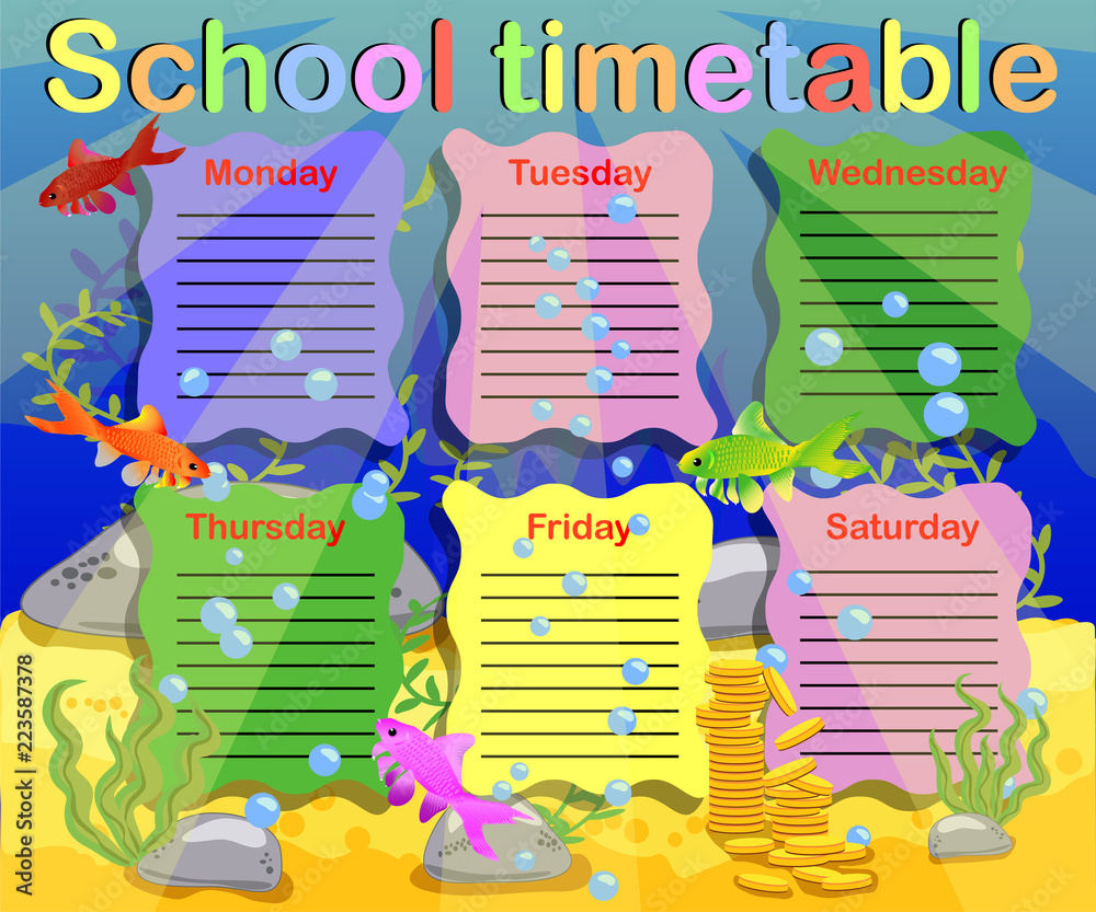 Design of the school timetable for kids. Bright underwater background ...