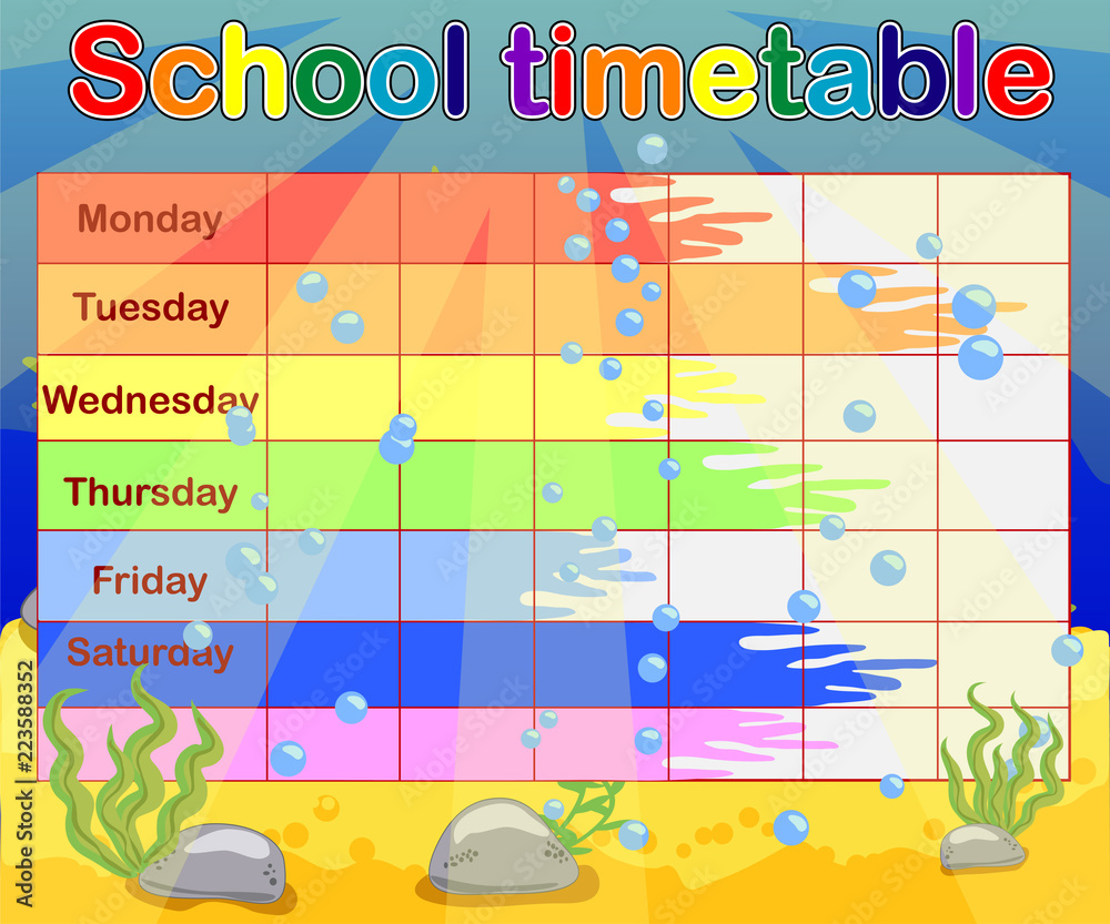 Design of the school timetable for kids. Bright underwater background ...