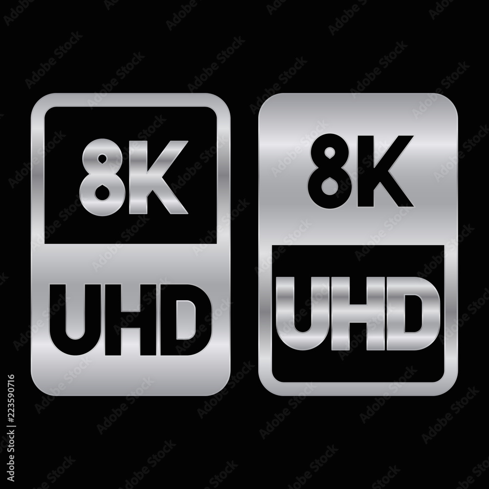 8K Ultra HD format siver icon. Pure vector illustration on black ...