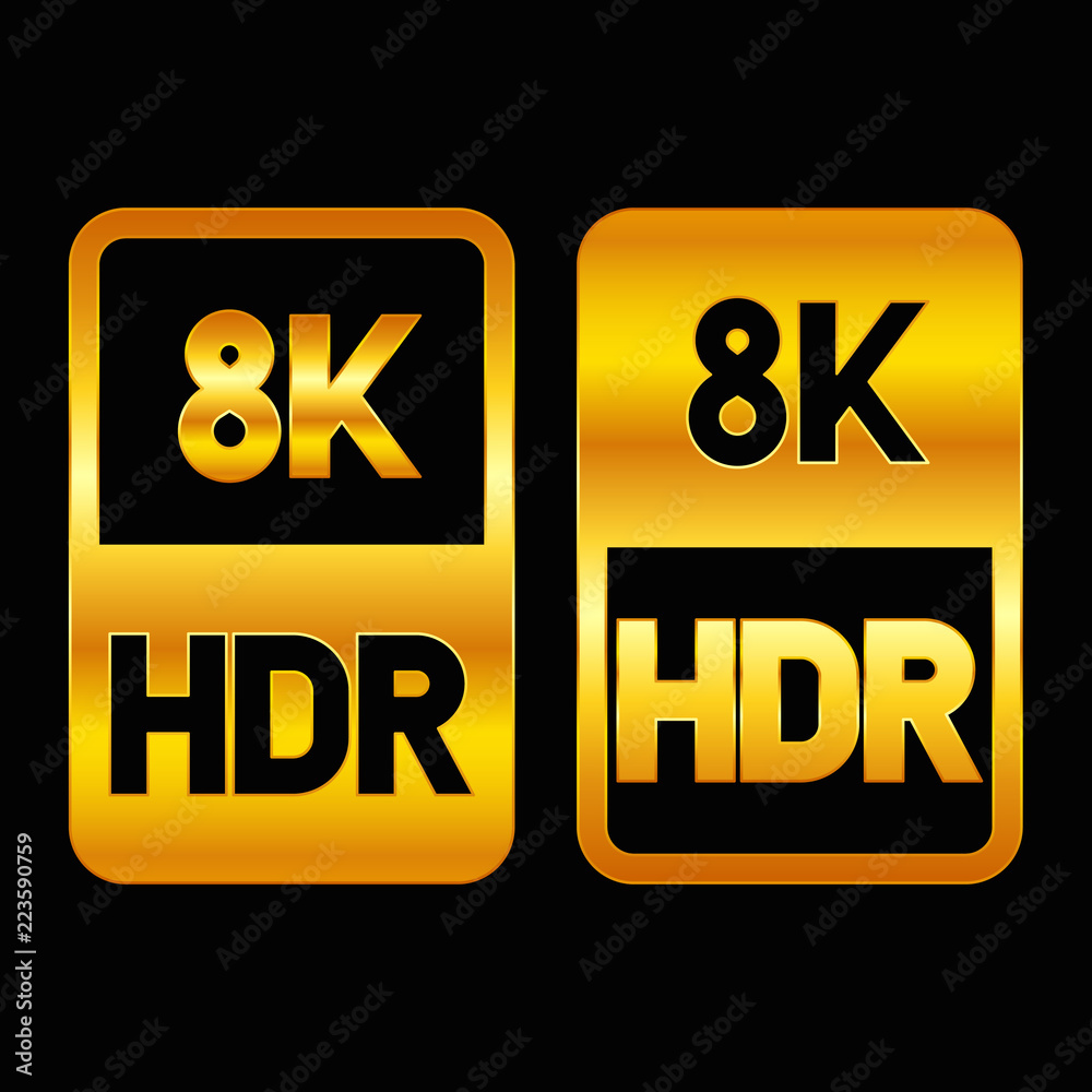 8K HDR format gold icon. Pure vector illustration on black background ...