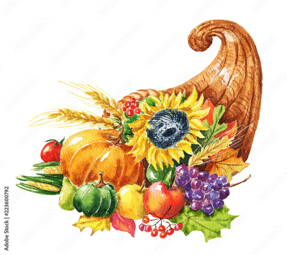 Hand drawn watercolor cornucopia with fall season harvest, pumpkin ...