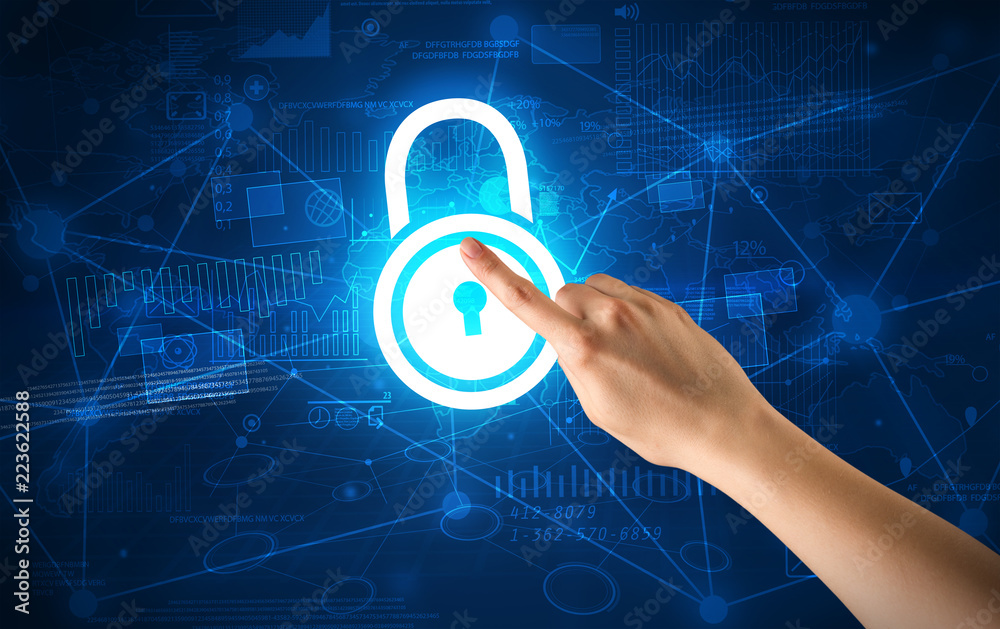 Female hand touching blue lock with charts and graphs in the background ...