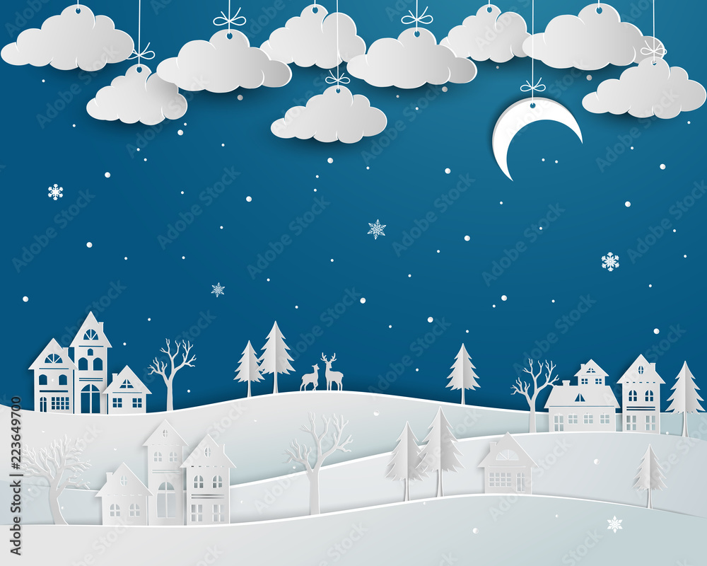 Nature landscape with countryside in winter season,abstract blue night ...