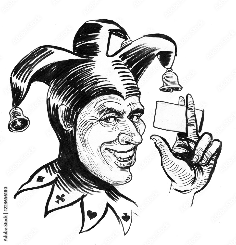 Smiling jester with a playing card. Ink black and white drawing Stock ...