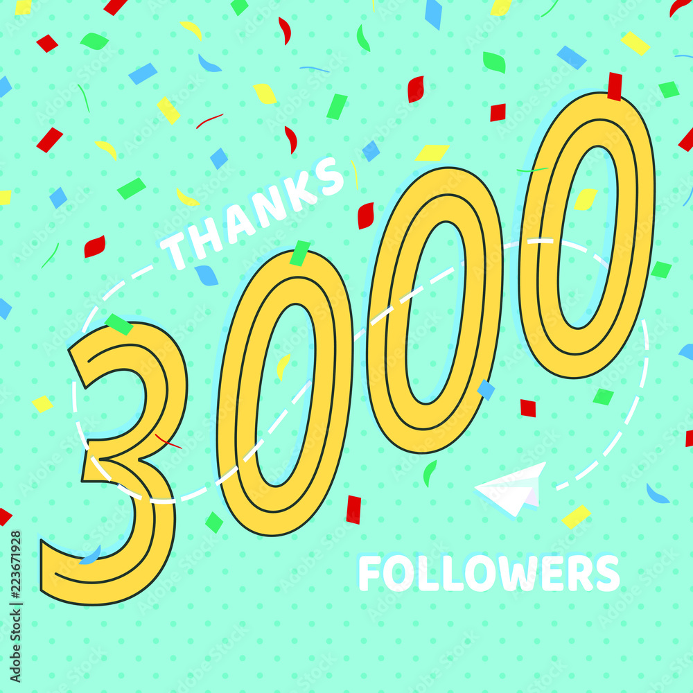 Thank you 3000 followers numbers postcard. Congratulating retro flat ...