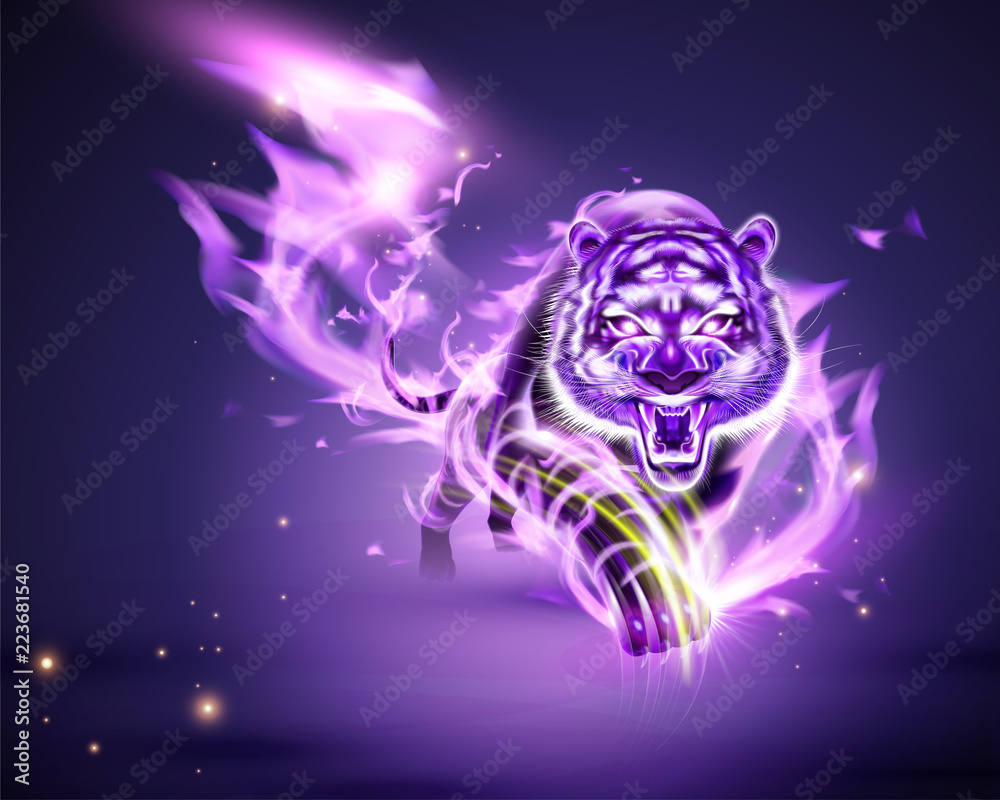 Tiger with purple burning flame Stock ベクター | Adobe Stock