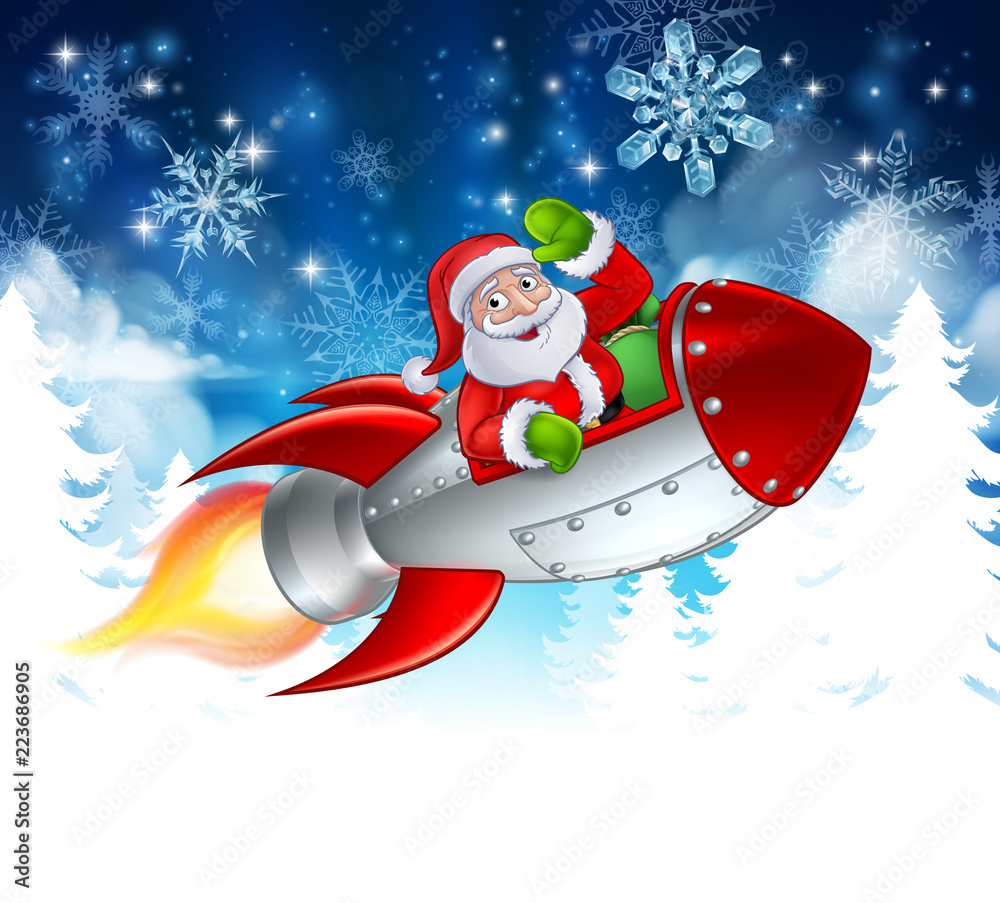 Santa Claus in his Christmas space rocket sleigh flying over a winter ...