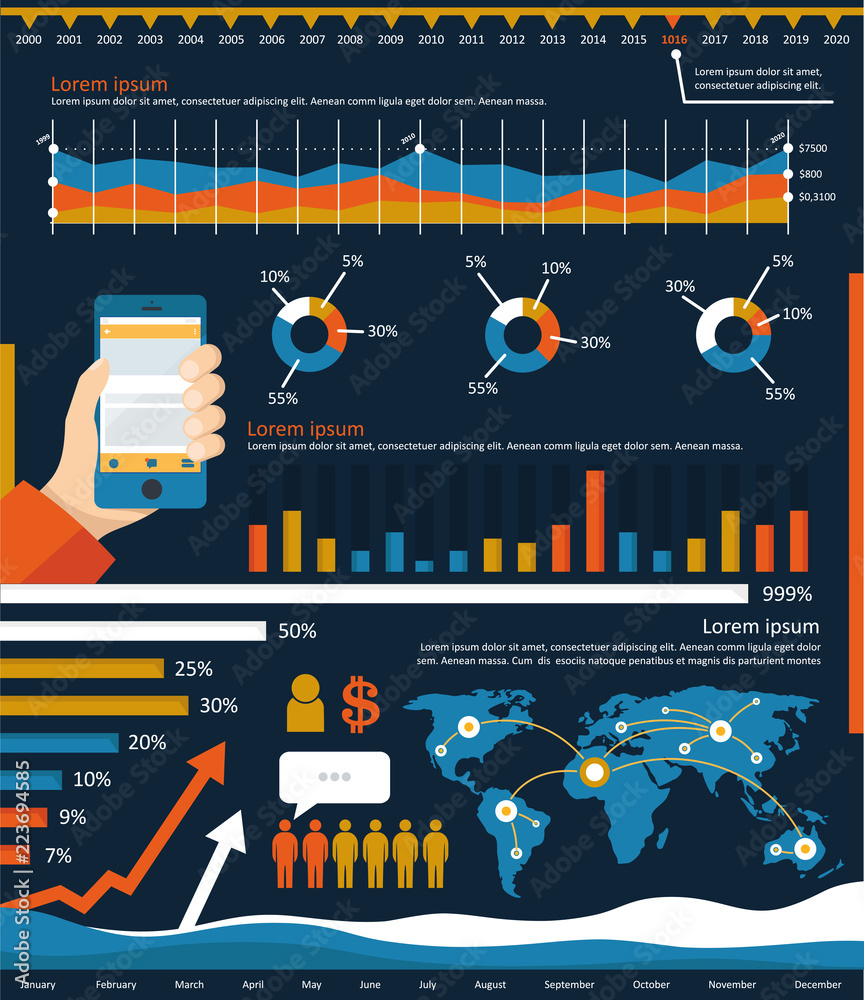 Infographic elements including statistical graphs, charts for business ...