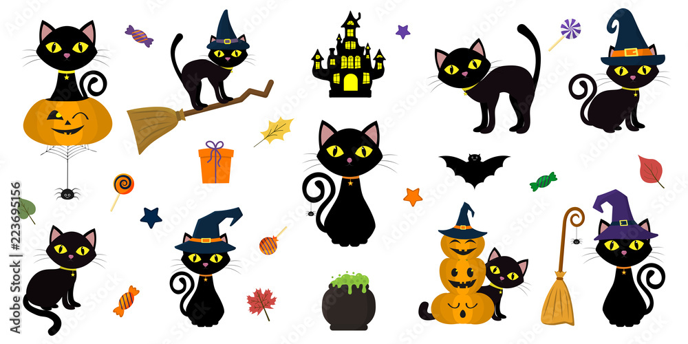 Happy Halloween. Mega set of black cat with yellow eyes in different ...