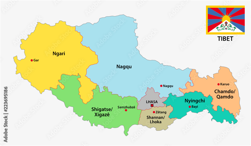 tibet administrative and political vector map with flag Stock Vector ...