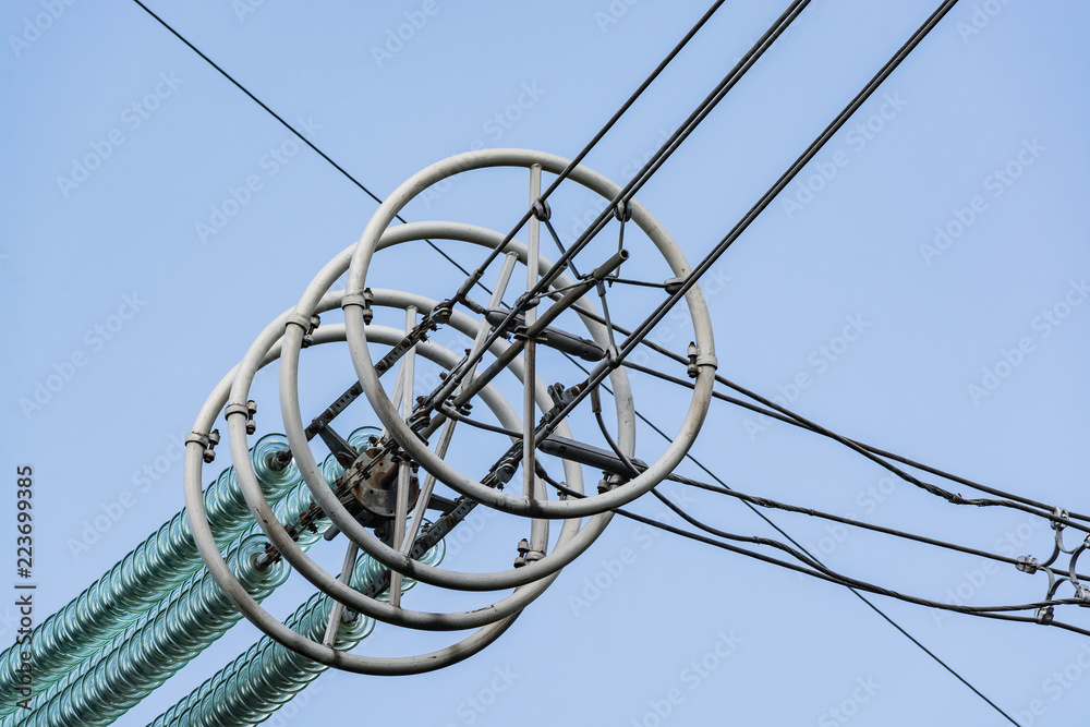 Elements of a high-voltage power line with a voltage of 750,000 volts ...