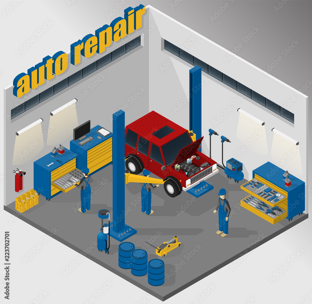 Vector isometric illustration of automotive and tire fitting service ...