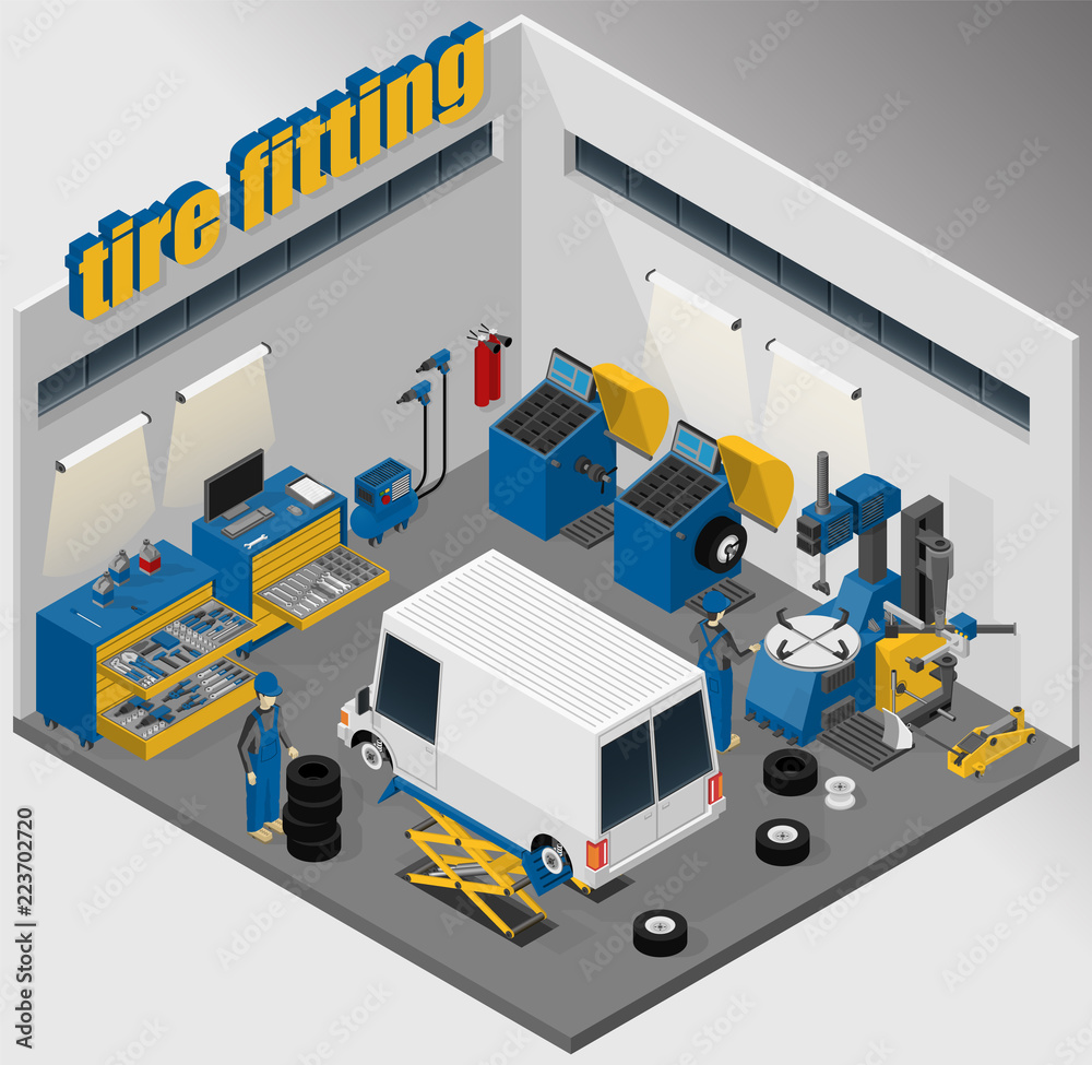 Vector isometric illustration of automotive and tire fitting service ...