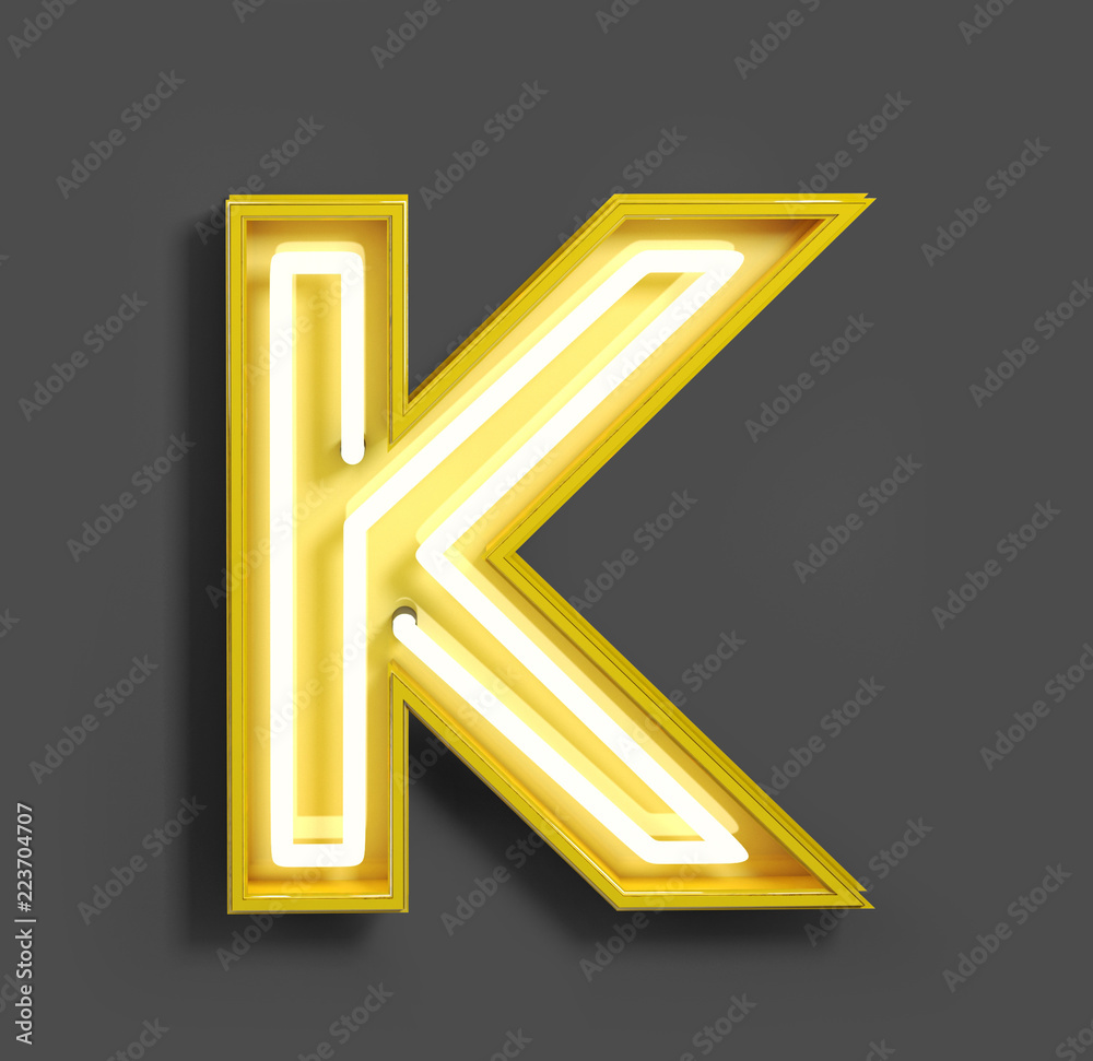 Bright Neon Font with fluorescent yellow tubes. Letter K. Night Show ...