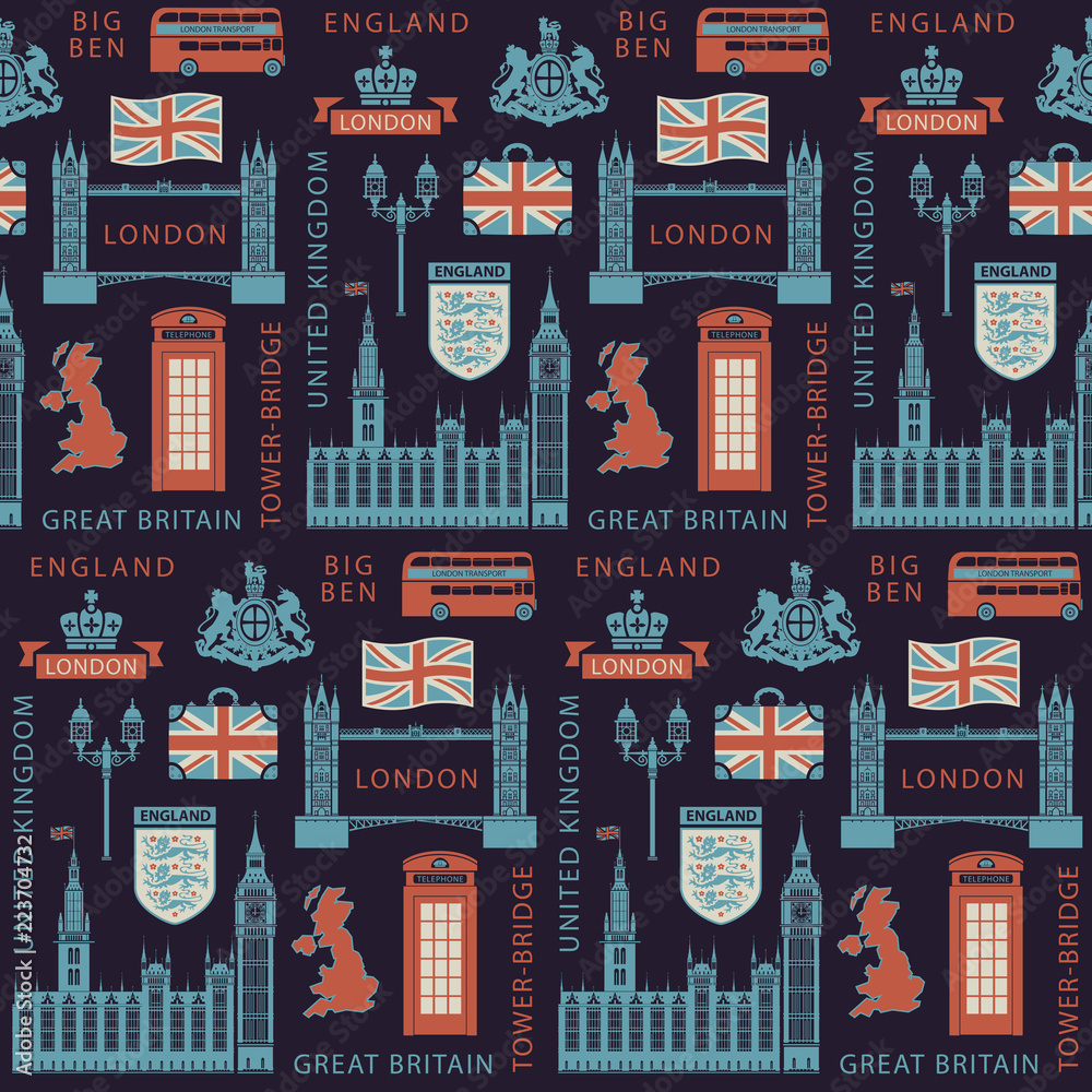 Vector seamless Background on UK and London theme with British symbols ...