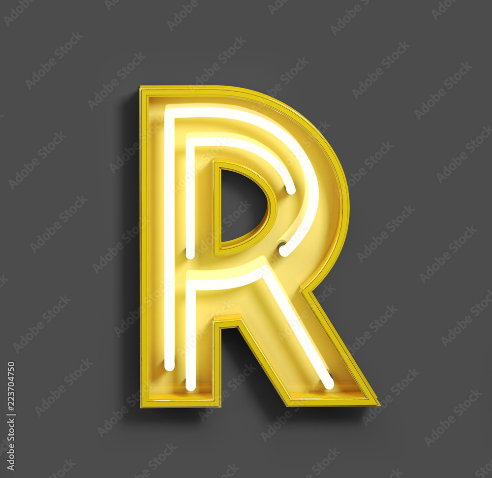 Bright Neon Font with fluorescent yellow tubes. Letter R. Night Show ...