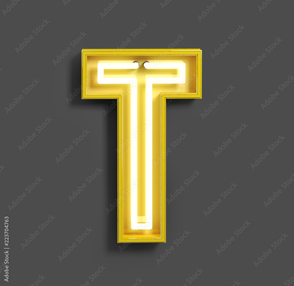 Bright Neon Font with fluorescent yellow tubes. Letter t. Night Show ...