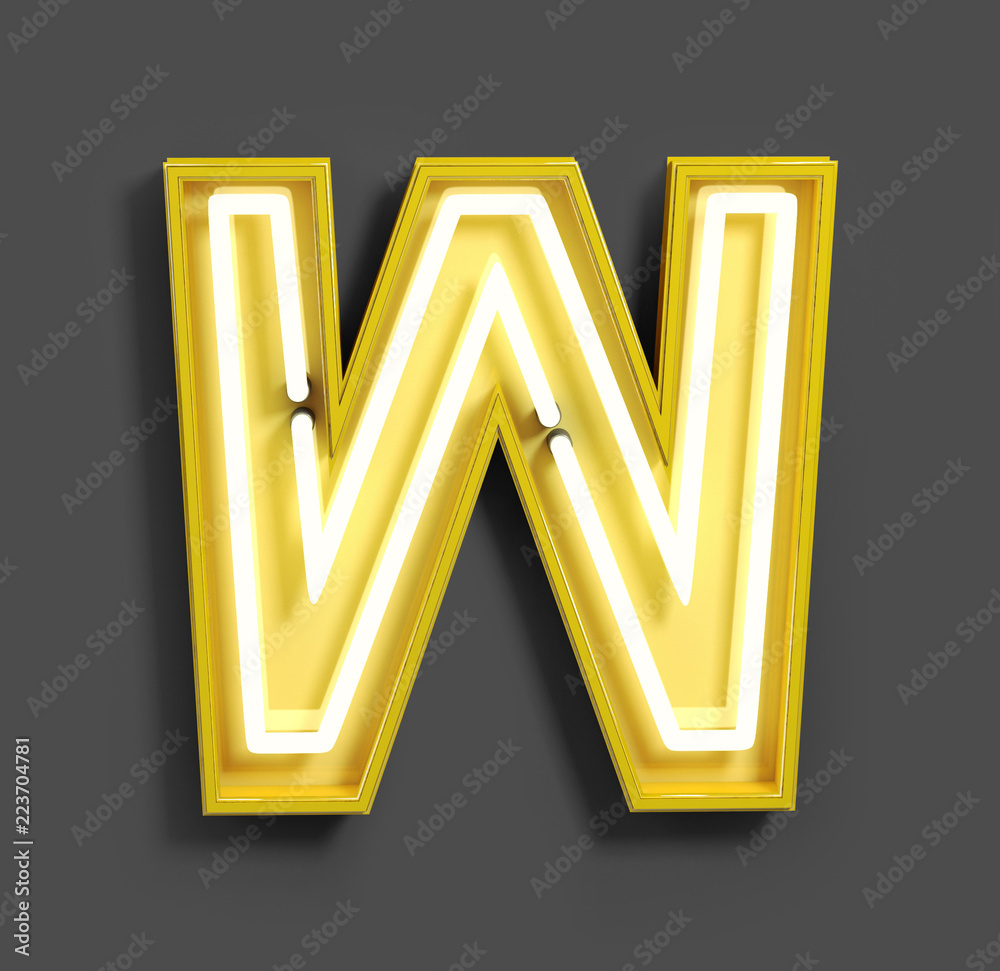 Bright Neon Font with fluorescent yellow tubes. Letter w. Night Show ...