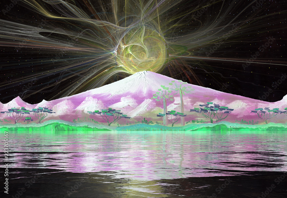 Conceptual artwork. The Fujii volcano in Japan is reflected in the calm ...