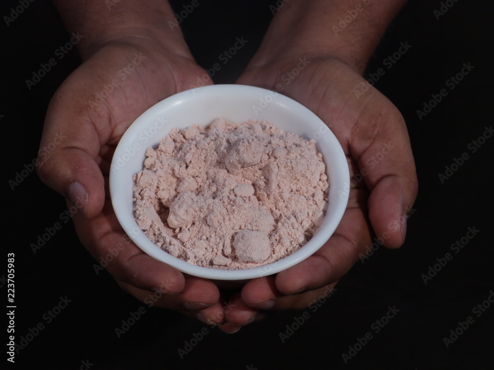 Black Salt Powder, black ground salt from the Himalayas heap pile close ...