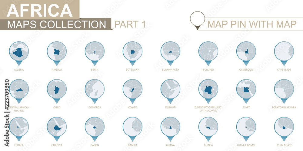 Vetor do Stock: African countries detailed map collection, blue map pin ...